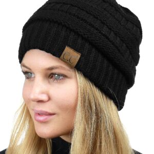 C.C Unisex Chunky Soft Stretch Cable Knit Warm Fuzzy Lined Skully Beanie, Black