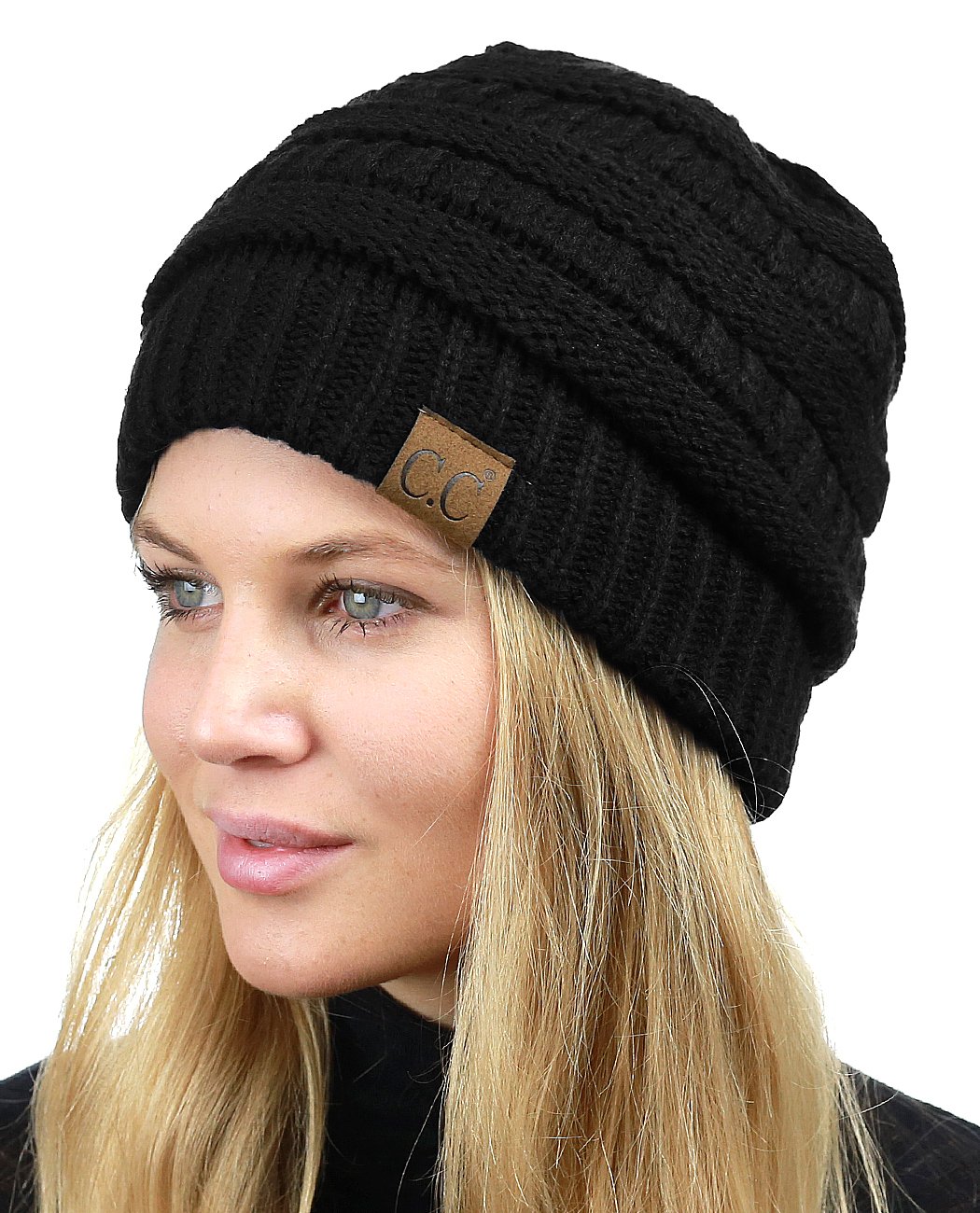 C.C Unisex Chunky Soft Stretch Cable Knit Warm Fuzzy Lined Skully Beanie, Black