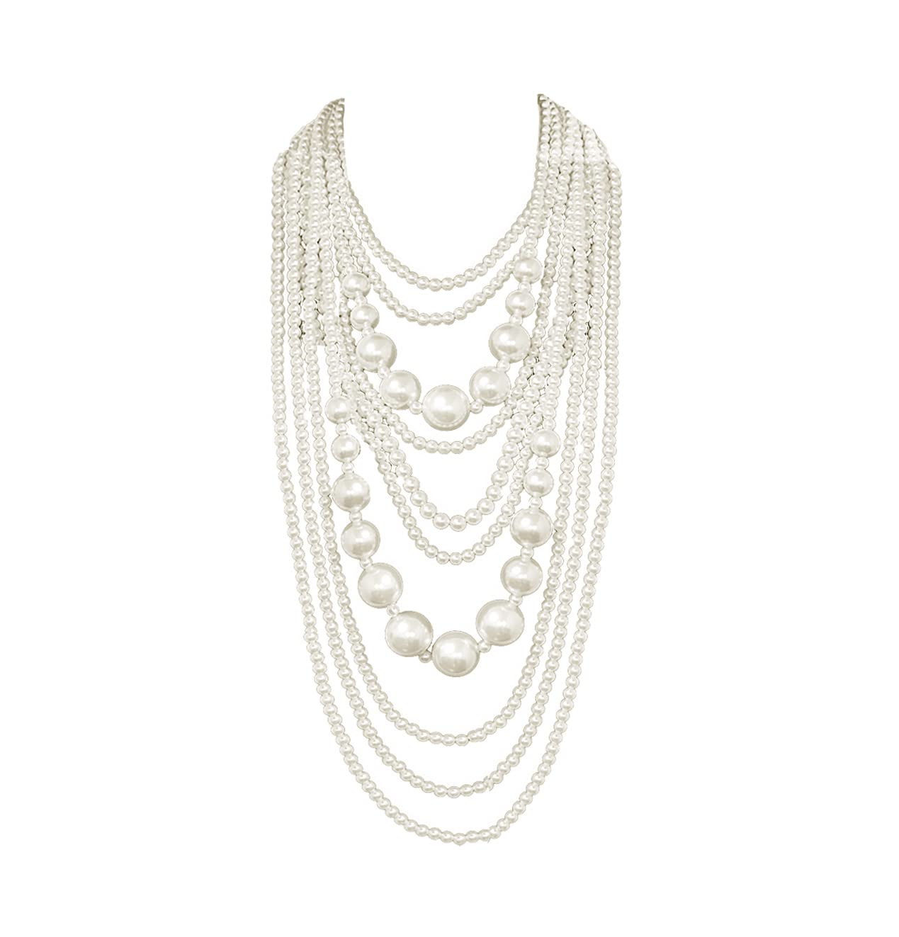 Women's Chunky Multi-Strand Faux Pearl Statement Necklace and Earrings Set (Cream - Style B)