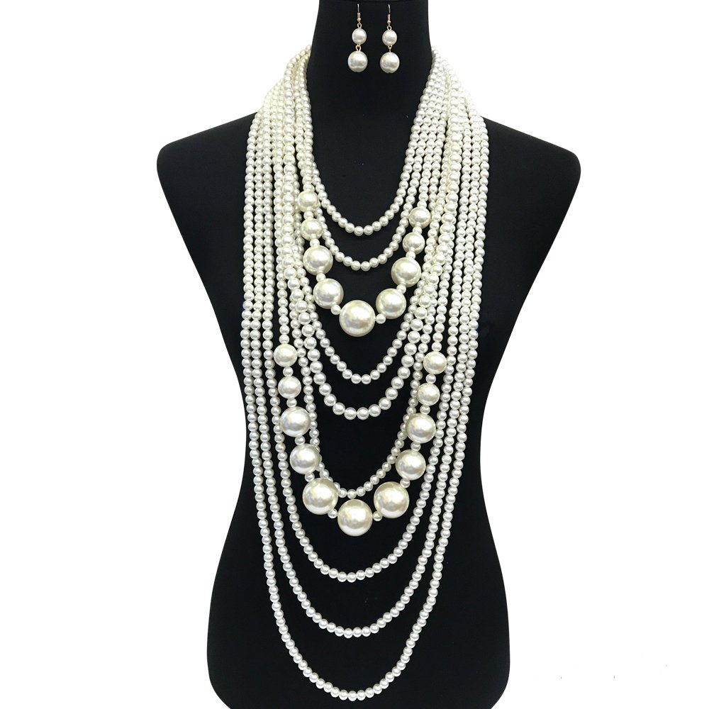 Women's Chunky Multi-Strand Faux Pearl Statement Necklace and Earrings Set (Cream - Style B)