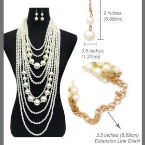 Women's Chunky Multi-Strand Faux Pearl Statement Necklace and Earrings Set (Cream - Style B)