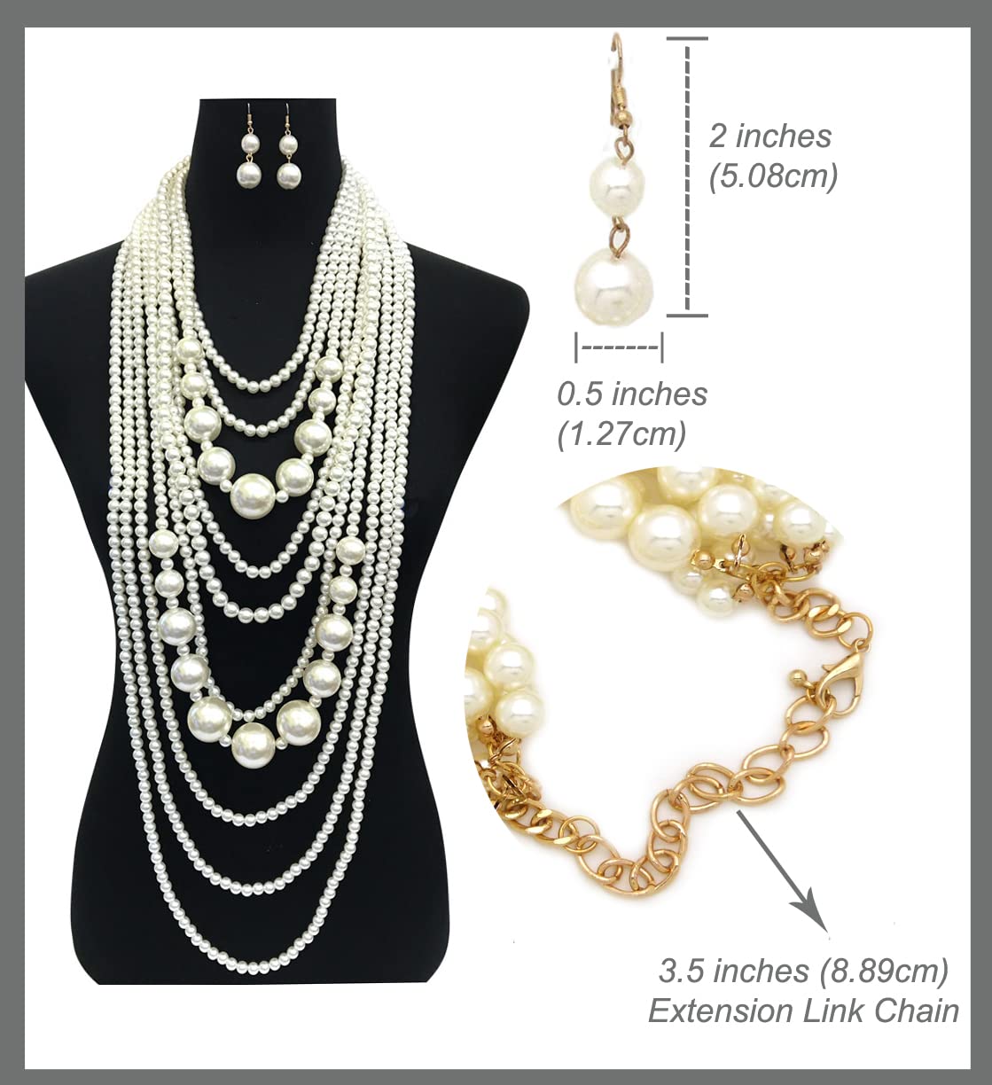 Women's Chunky Multi-Strand Faux Pearl Statement Necklace and Earrings Set (Cream - Style B)