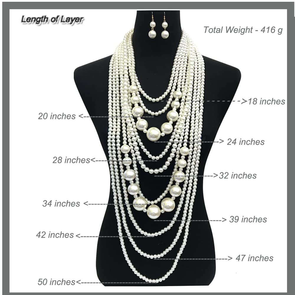 Women's Chunky Multi-Strand Faux Pearl Statement Necklace and Earrings Set (Cream - Style B)