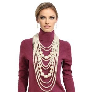 Women's Chunky Multi-Strand Faux Pearl Statement Necklace and Earrings Set (Cream - Style B)