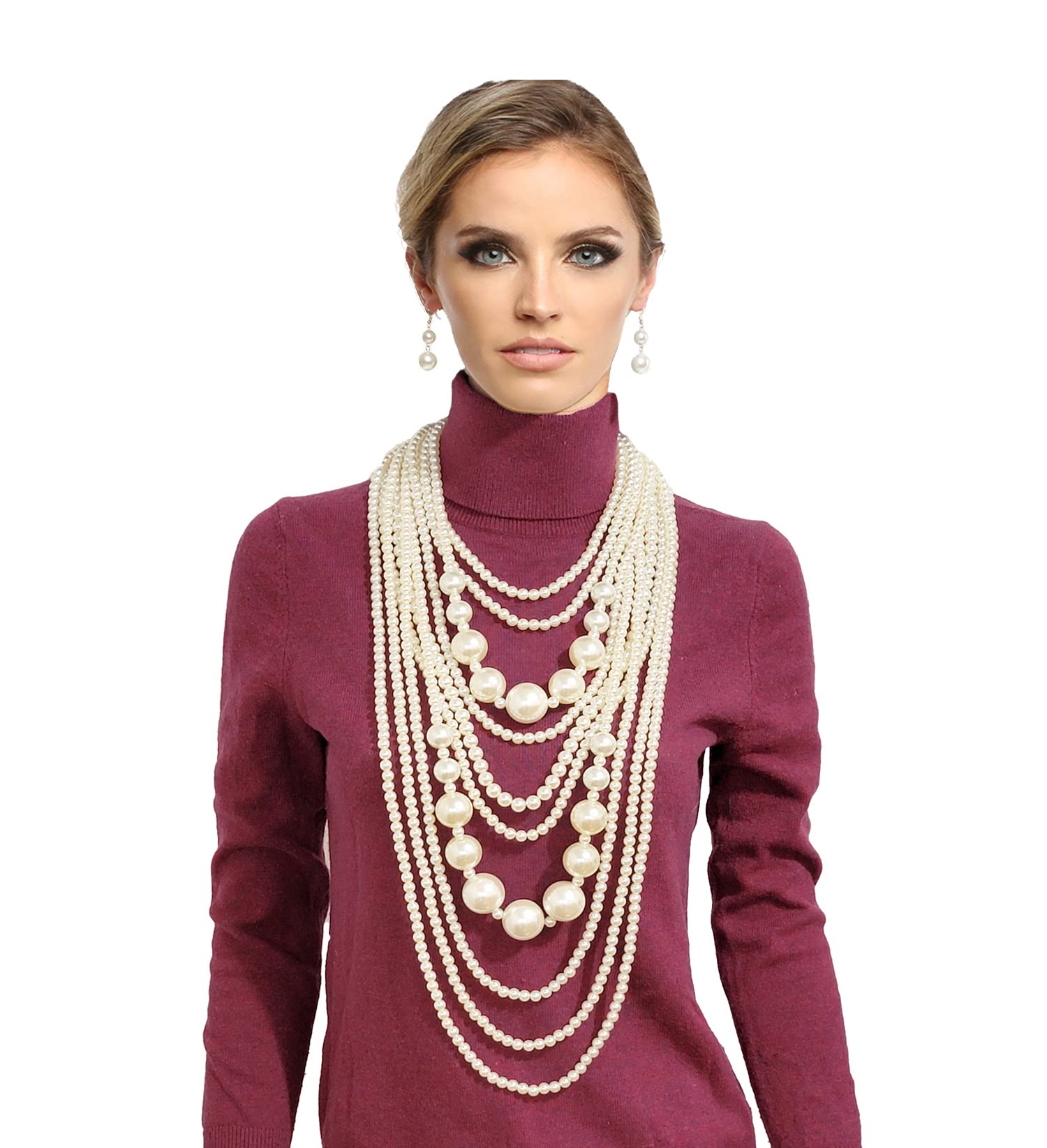 Women's Chunky Multi-Strand Faux Pearl Statement Necklace and Earrings Set (Cream - Style B)