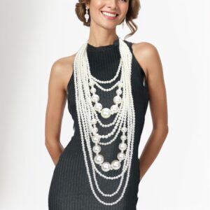 Women's Chunky Multi-Strand Faux Pearl Statement Necklace and Earrings Set (Cream - Style B)