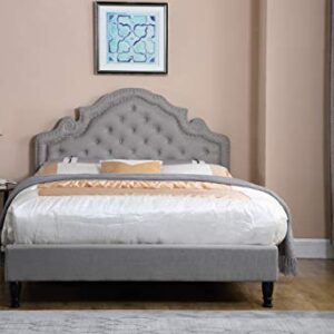 HomeLife Premiere Classics 51" Tall Platform Bed with Cloth Headboard and Slats - King (Light Grey Linen)