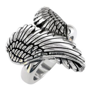 large wings of love with black, winged love, angel heart wings ring, 22mm in sterling silver size 5.5