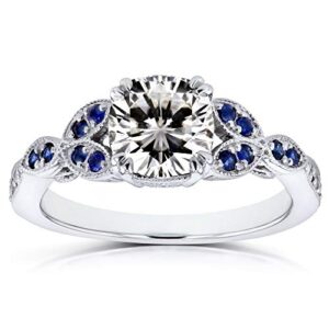 kobelli vintage style floral cushion moissanite (gh) with sapphire and diamond accents engagement ring 1 1/3 carat tgw in 14k white gold - size 11