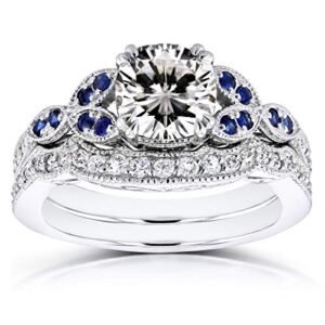 kobelli vintage style floral cushion moissanite (gh) with sapphire and diamond accents bridal set 1 1/2 carat tgw in 14k white gold - size 8.5