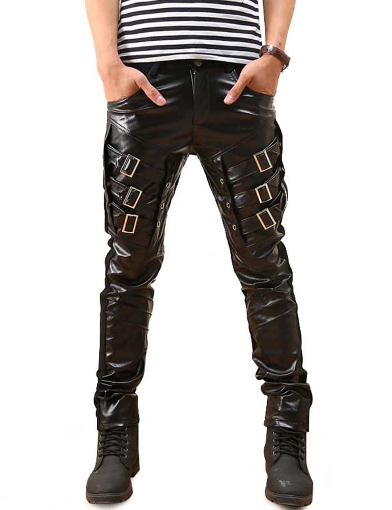 Idopy Men`s Rock Punk Hip Hop Faux Leather Motocycle Pants (32W x 41L, Black)