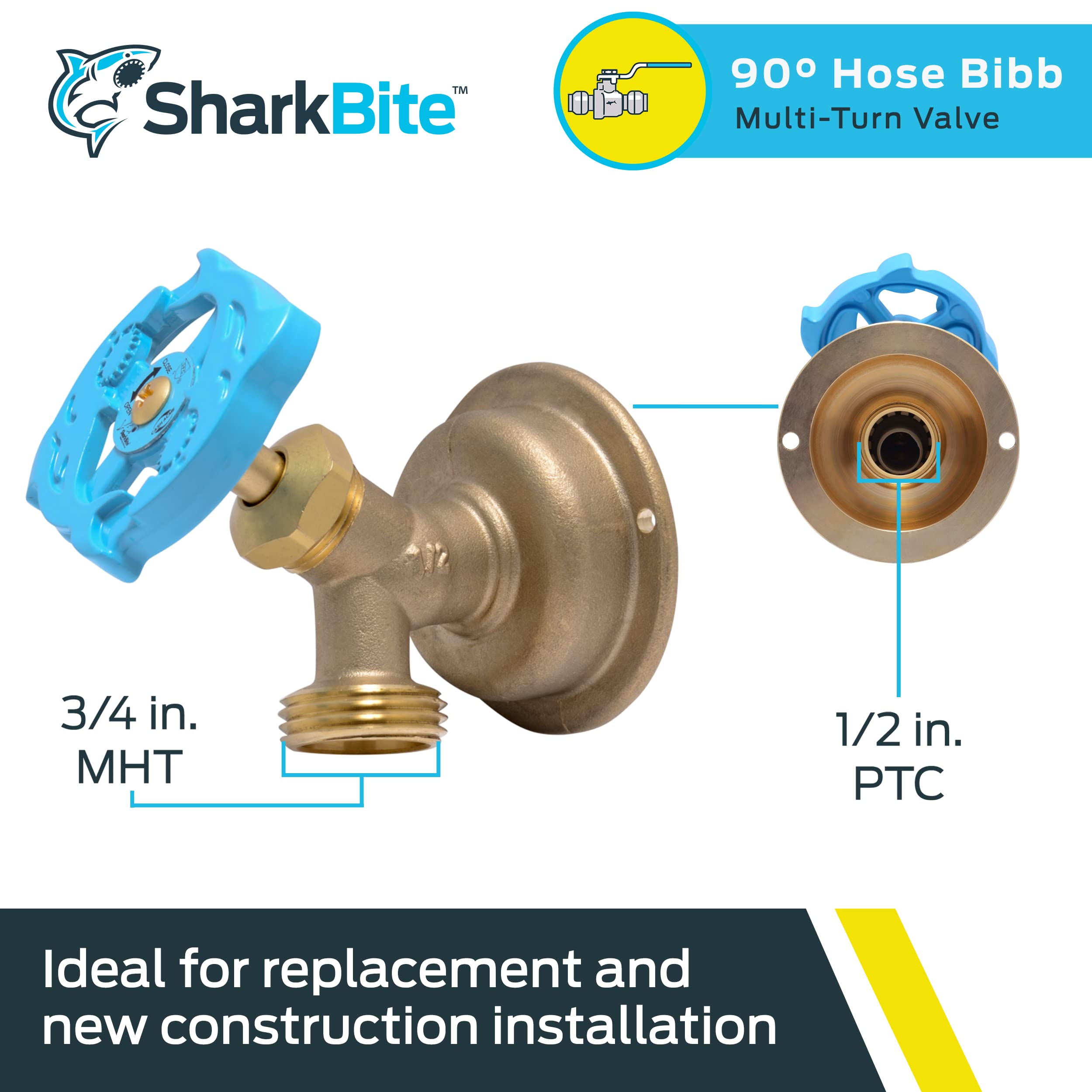 SharkBite 1/2 x 3/4 Inch MHT 90 Degree Hose Bibb, Multi Turn, Push To Connect Brass Plumbing Fitting, PEX Pipe, Copper, CPVC, PE-RT, HDPE, 24626LF