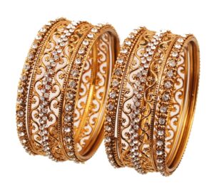 touchstone "golden bangle collection exotic filigree and grain work clear rhinestone indian bollywood thick thin metal bangle bracelets in antique gold tone for women. set of 6.