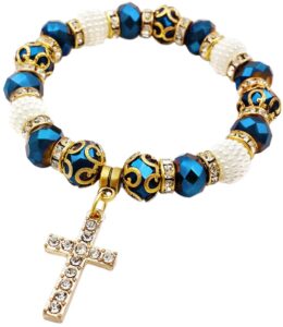 nazareth store catholic crystallized cross deep blue crystal beads wrist rosary bracelet adjustable elastic bangle