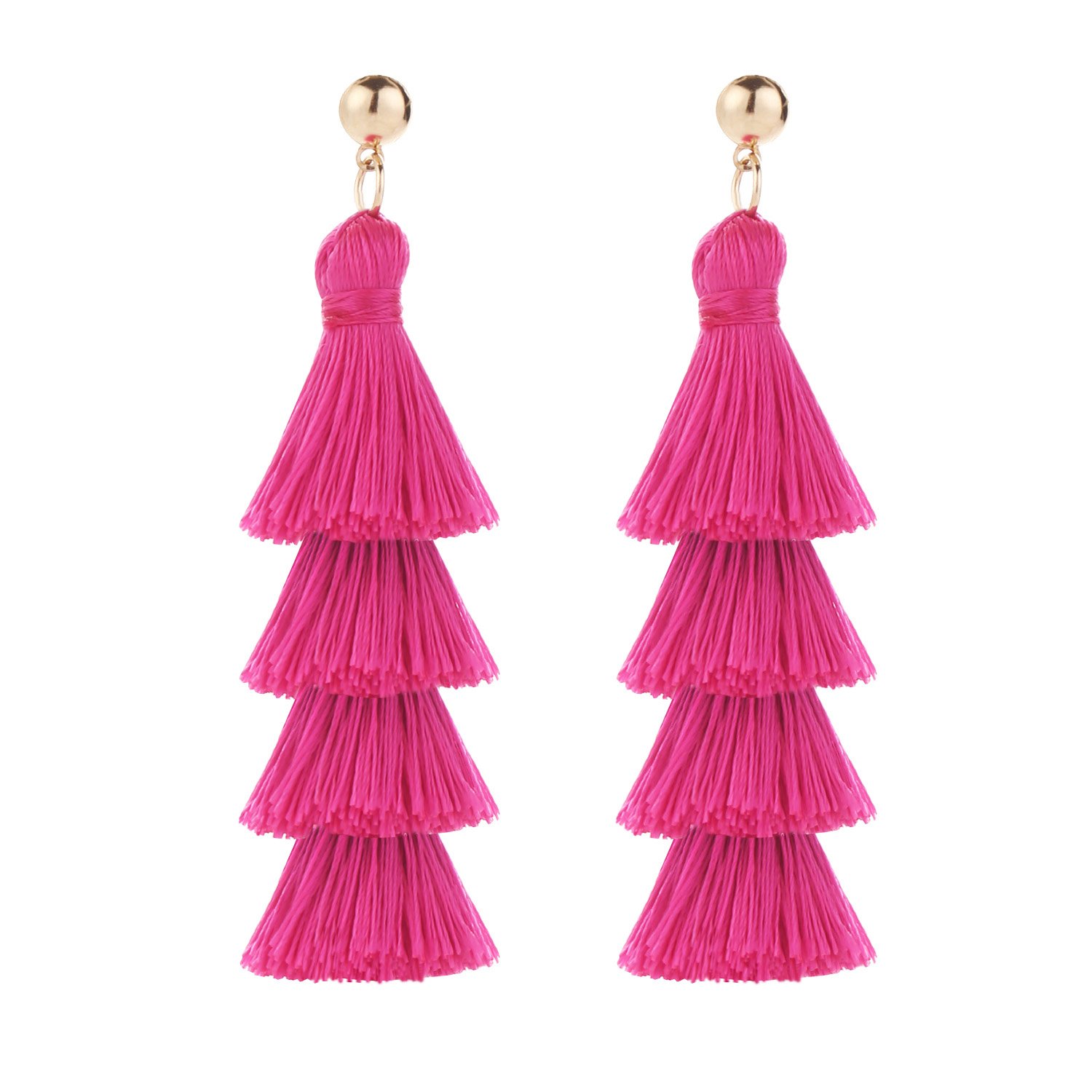 BaubleStar Fashion Gold Tassel Dangle Earrings Layered Long Bonita Tiered Thread Tassel Rose Red Drop Statement Jewelry for Women