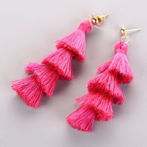 BaubleStar Fashion Gold Tassel Dangle Earrings Layered Long Bonita Tiered Thread Tassel Rose Red Drop Statement Jewelry for Women