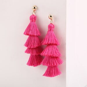 BaubleStar Fashion Gold Tassel Dangle Earrings Layered Long Bonita Tiered Thread Tassel Rose Red Drop Statement Jewelry for Women