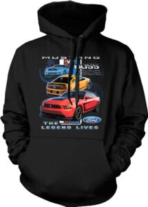 lucky ride ford mustang boss 302 the legend lives classic muscle car hoodie, black, xl