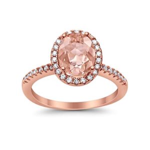 Blue Apple Co. Solitaire Engagement Ring Halo Oval Simulated Morganite Round Cubic Zirconia Rose Tone 925 Sterling Silver, Size - 6