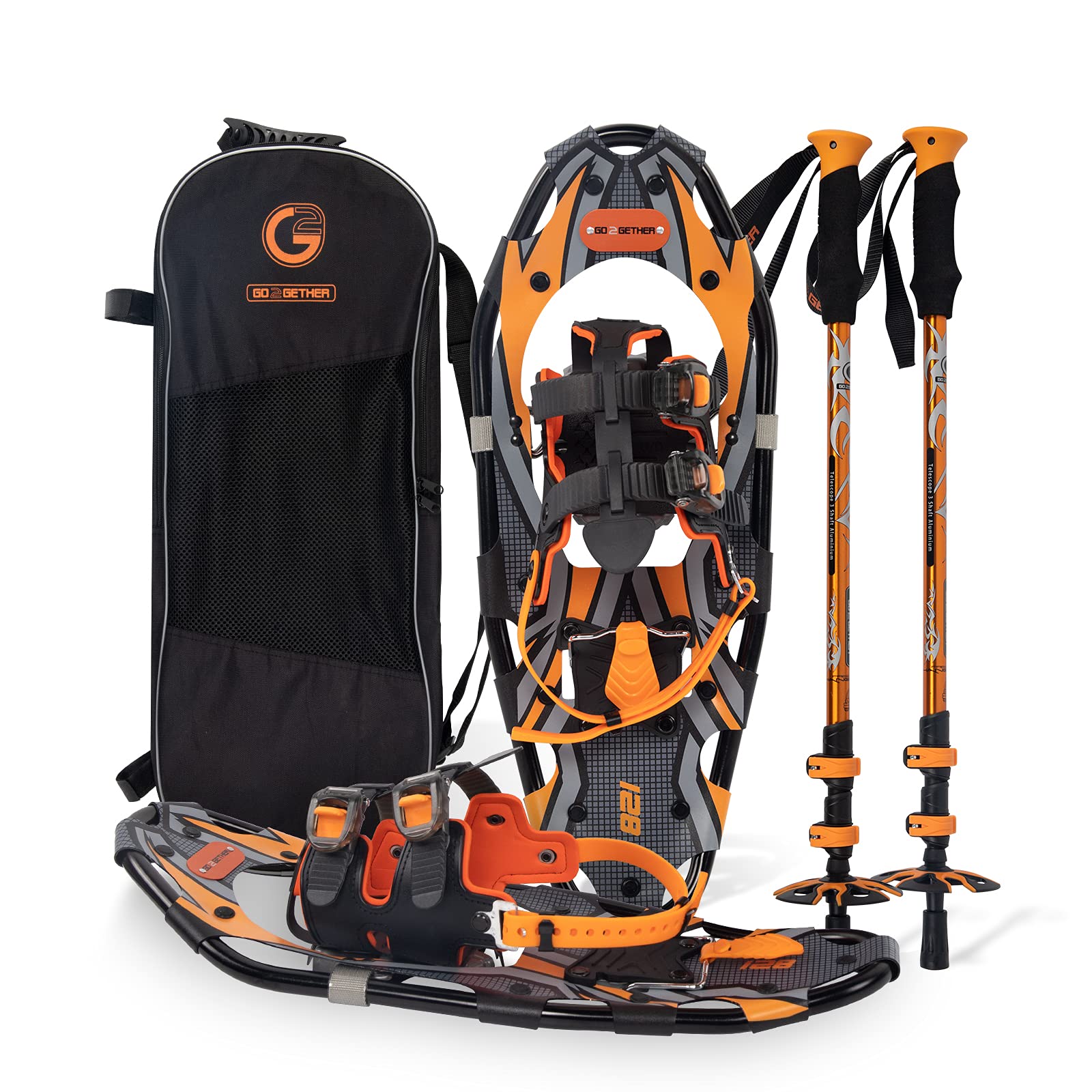 G2 21 Inches Orange Light Weight Snowshoes for Women Men Youth, Set with Trekking Poles, Tote Bag, Special EVA Padded Ratchet Binding, Heel Lift, Toe Box