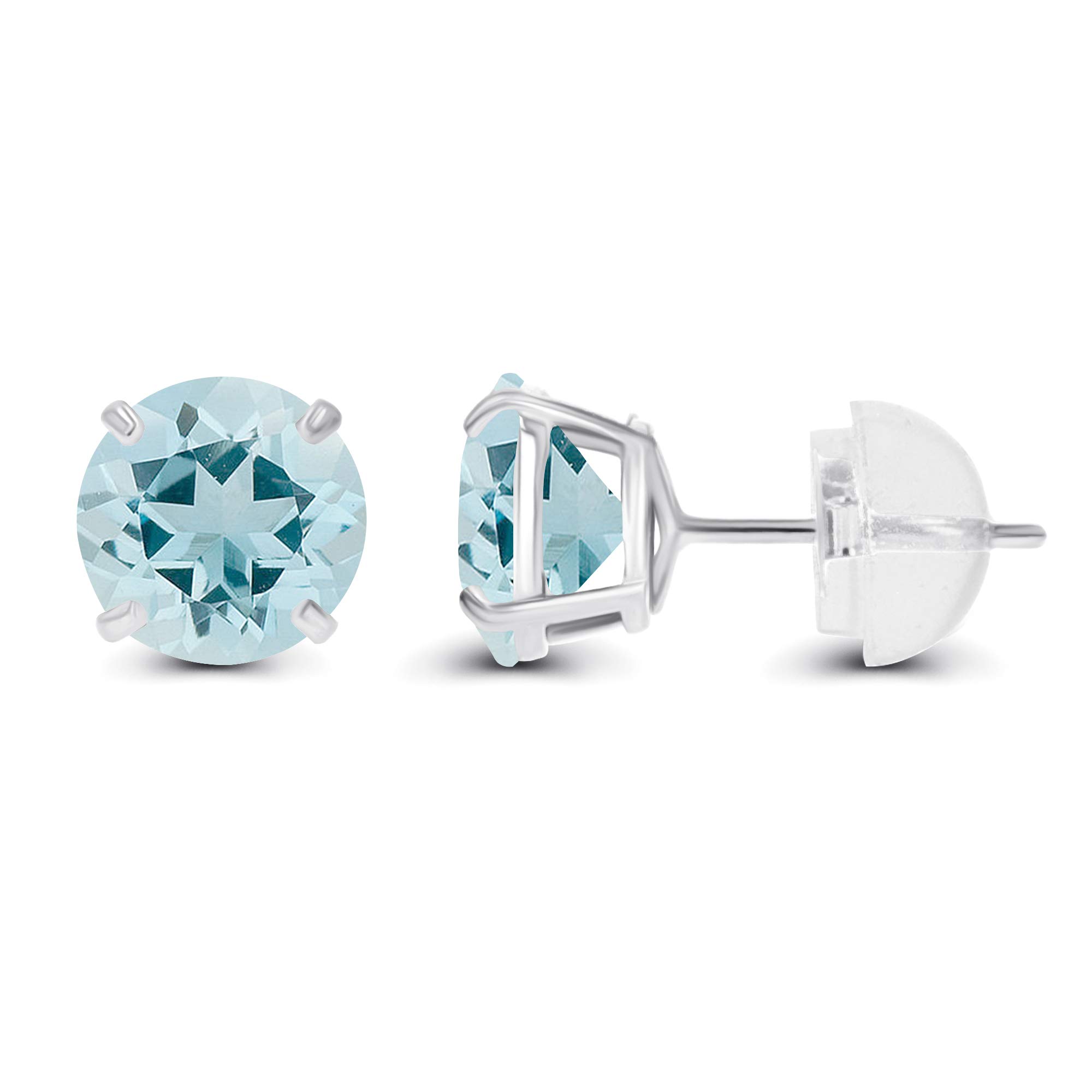 14K Solid White Gold 4mm Round Natural Aquamarine March Birthstone Prong Set Stud Earrings For Women