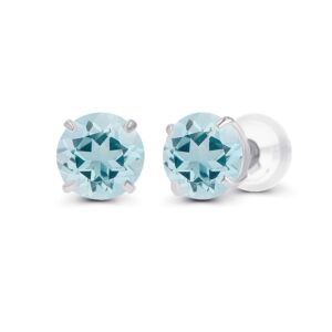 genuine 14k solid white gold 6mm round natural aquamarine march birthstone stud earrings