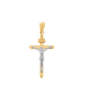 solid 14k two-tone gold linear cross inri crucifix charm pendant (1.15")