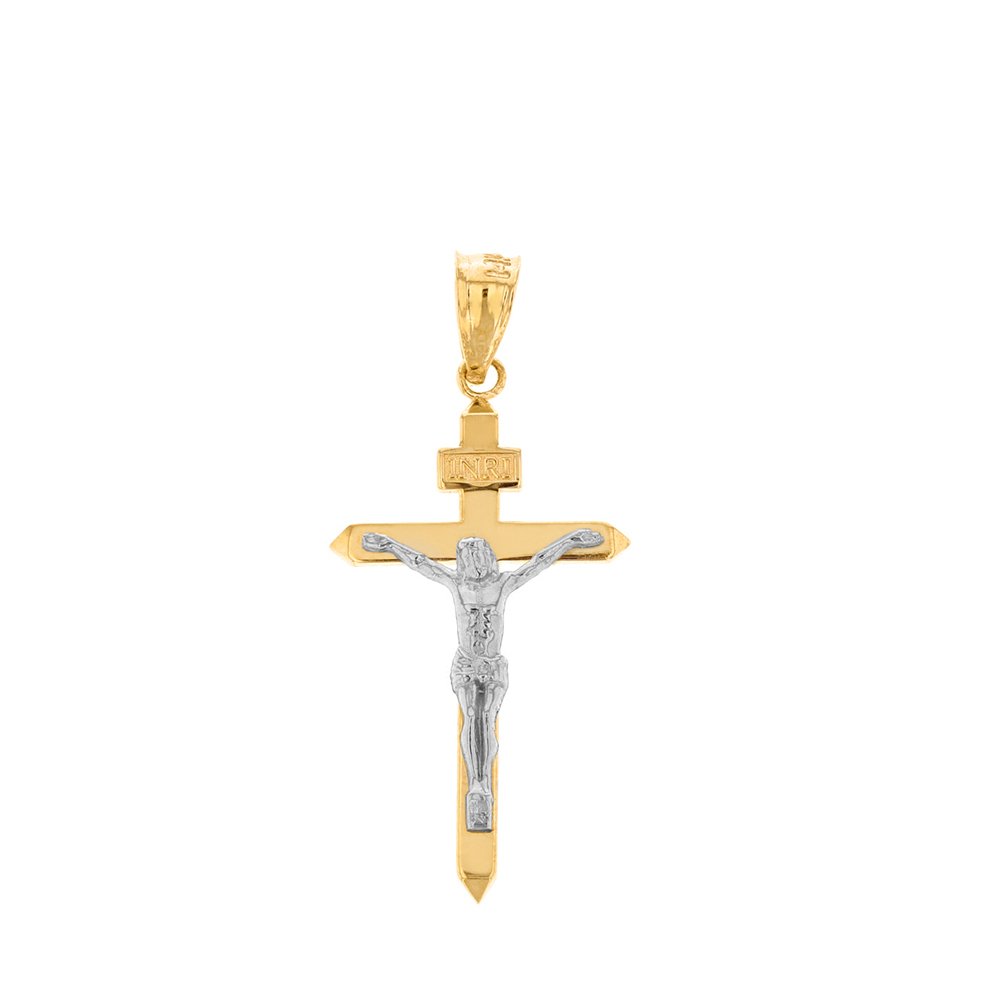 Solid 14k Two-Tone Gold Linear Cross INRI Crucifix Charm Pendant (1.15")