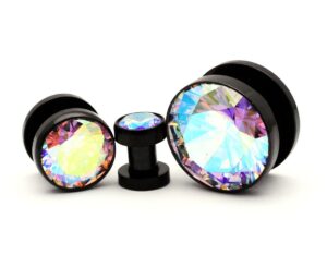 mystic metals body jewelry 316l black stainless steel screw on plugs with single press fit multicolored cz gauges (ps-126) - sold as a pair (00g (10mm))