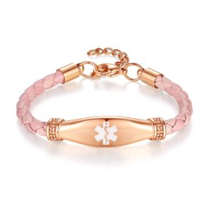 linnalove-free engraving medical alert bracelets for women beautiful female pink leather rose gold medical id bracelets