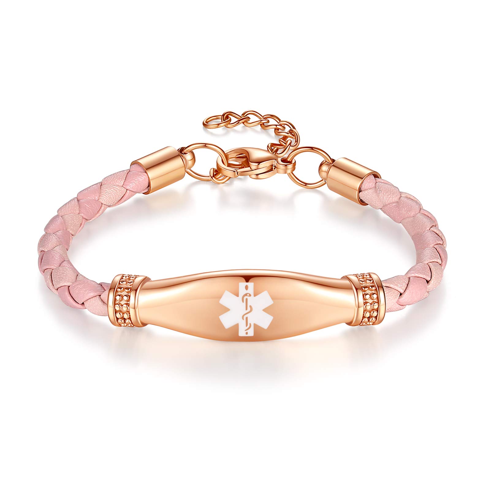 linnalove-Free Engraving Medical Alert Bracelets for Women Beautiful Female Pink Leather Rose gold Medical ID Bracelets