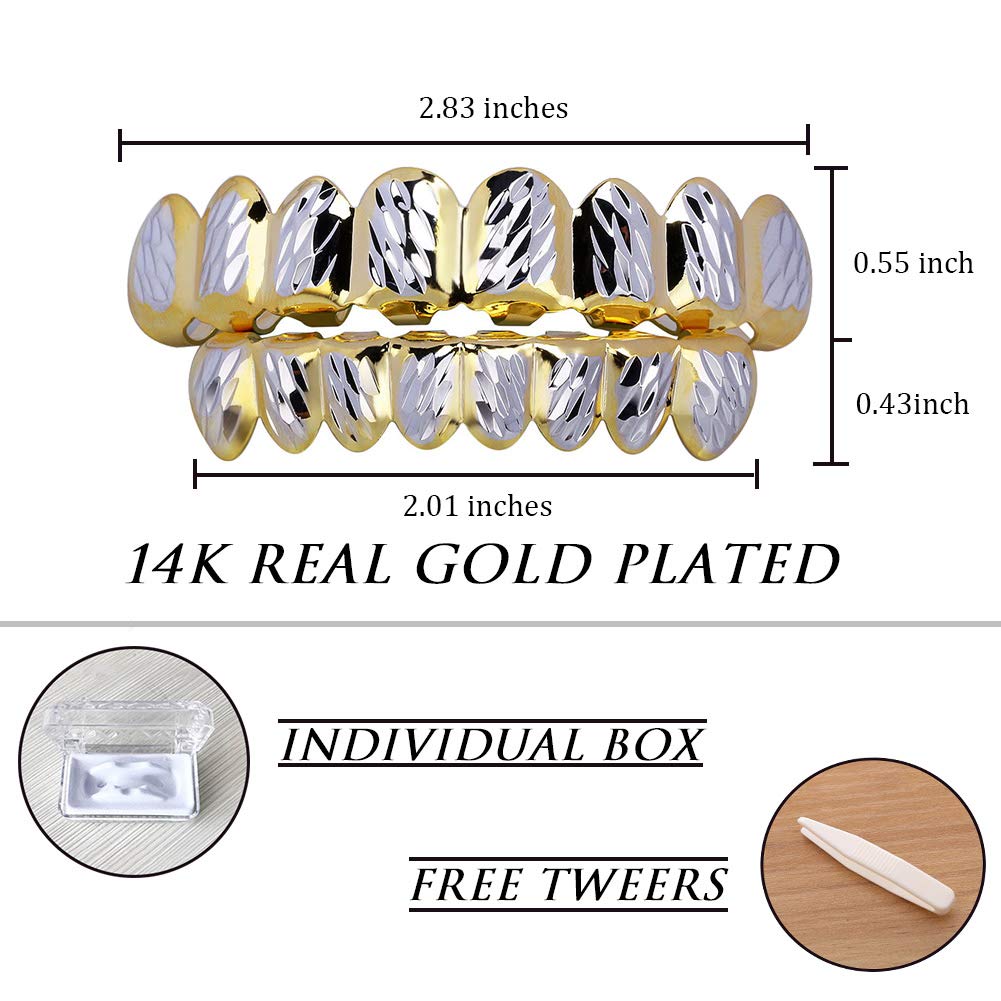 18K Gold Plated Hip Hop Diamond Cut Rugged 8 Teeth TOP and Bottom Grillz Set (Gold&Silver)