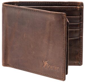 pokofo rfid blocking genuine leather bifold wallet for men with zipper and 2 id windows (dark brown)