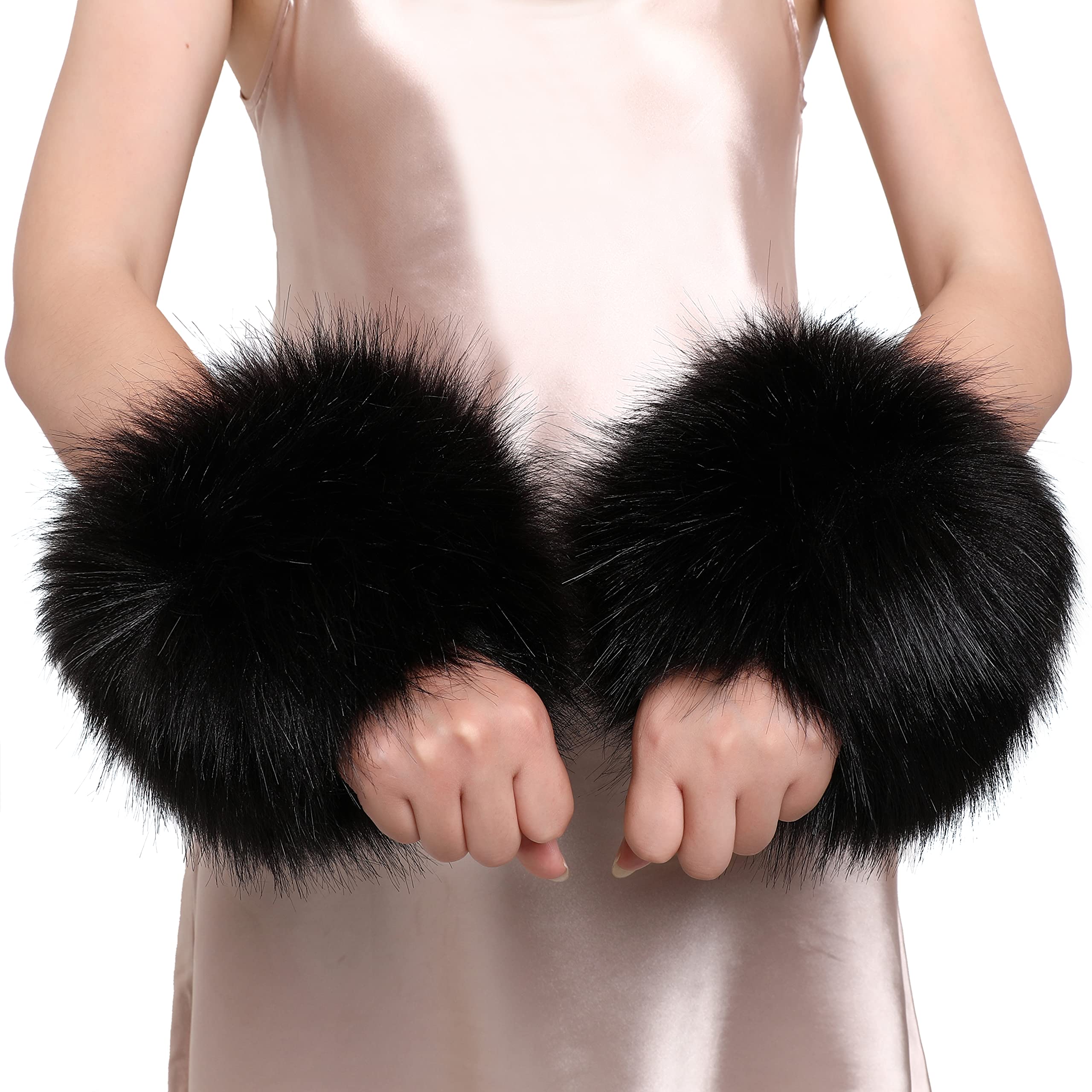 Dikoaina Faux Fur Wrist Cuffs- Winter Furry Bands Fox Fur Wrist Warmer,Arm Warmer, Leg Warmer, One Pair