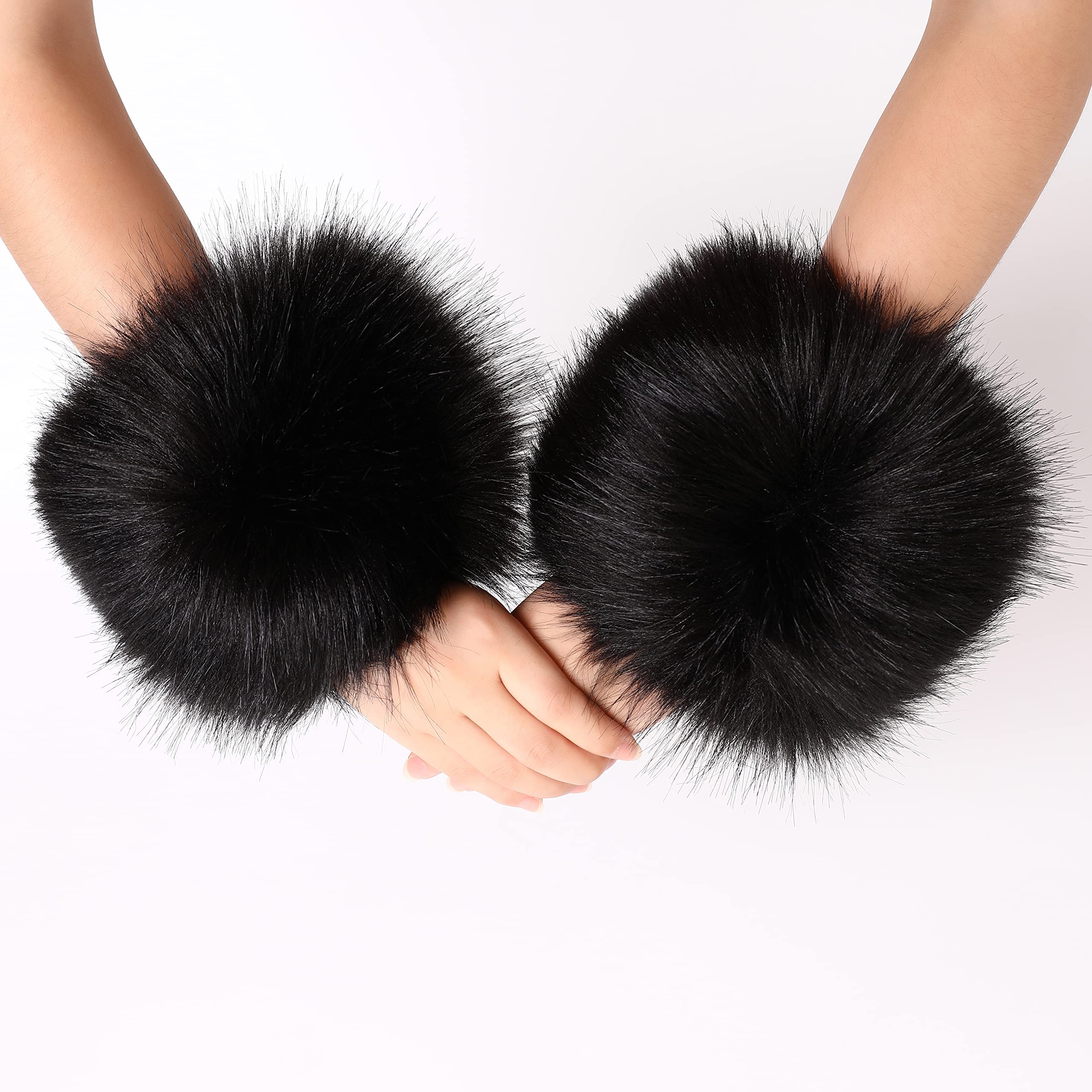 Dikoaina Faux Fur Wrist Cuffs- Winter Furry Bands Fox Fur Wrist Warmer,Arm Warmer, Leg Warmer, One Pair