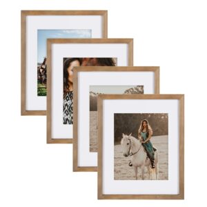 designovation gallery wood photo frame set for customizable wall display, rustic brown 11x14 matted to 8x10, pack of 4