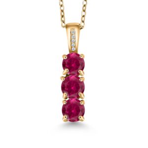 gem stone king red created ruby and diamond 18k yellow gold plated silver 3 stone pendant necklace for women (1.84 cttw, round 5mm, with 18 inch chain)