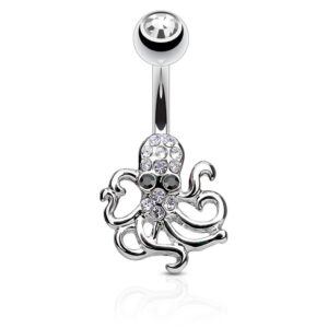 fifth cue 14g crystal paved octopus 316l surgical steel naval belly button ring (steel)