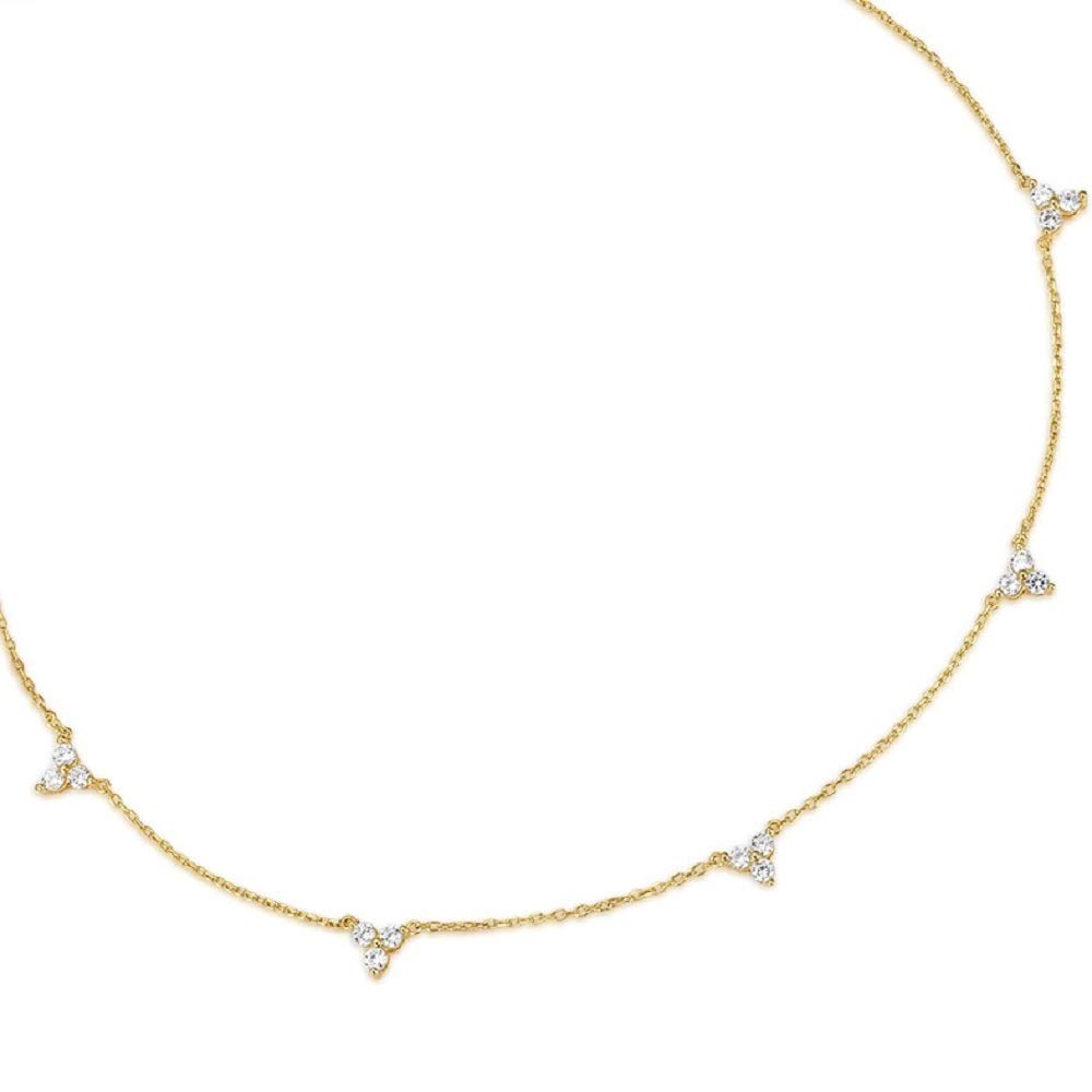 espere Sterling Silver Triple Cubic Zircon Stones Cluster Choker Chain Necklace 14-16 Inch, 3 Colors Available (Yellow Gold)