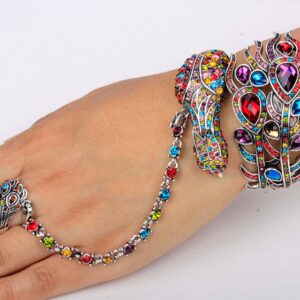 YACQ Big Peacock Bracelets with Attached Rings for Women Fit Wrist Circumference 6.5 to 7.5 inch & Finger Size 6.5 to 9