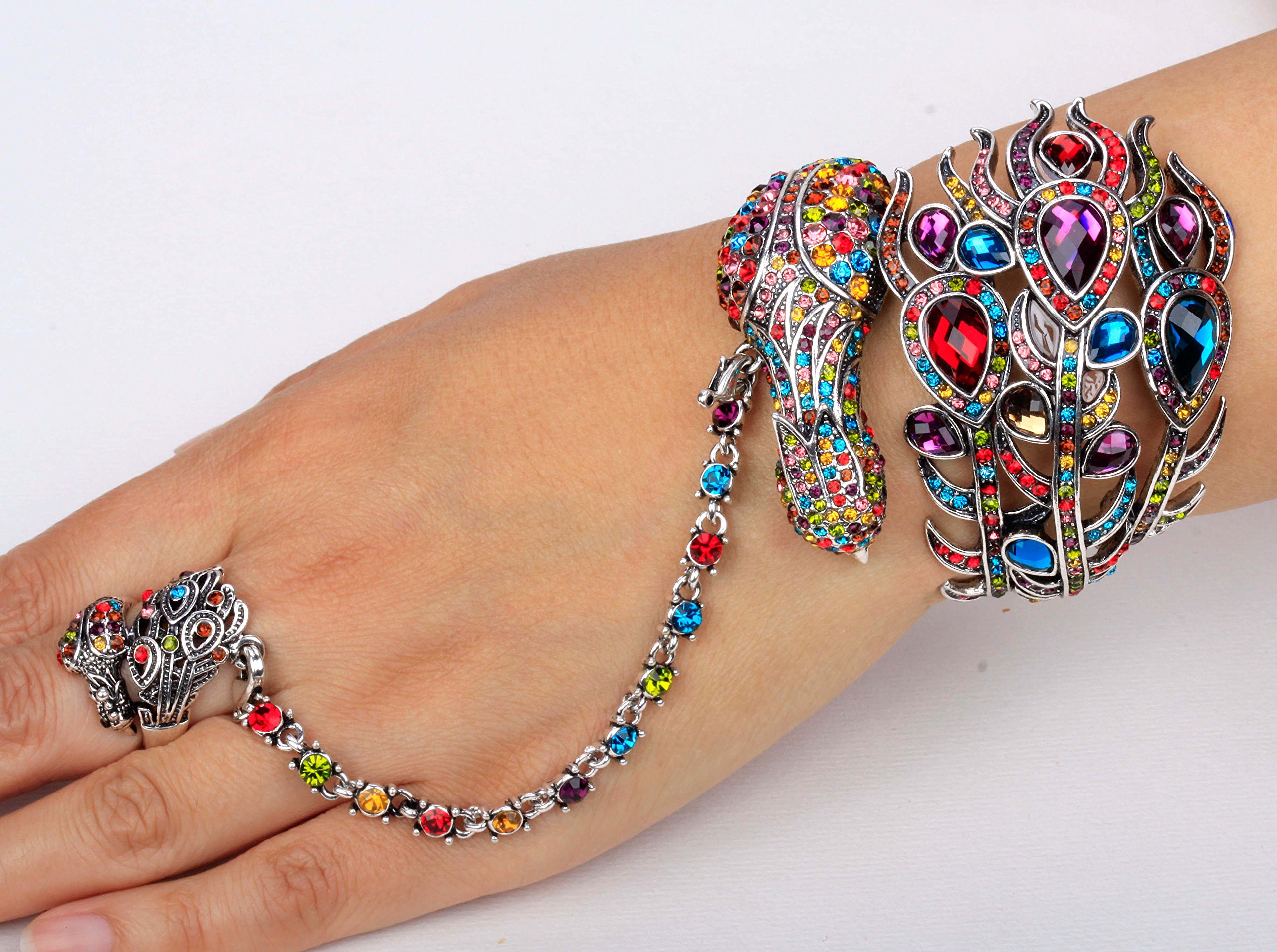 YACQ Big Peacock Bracelets with Attached Rings for Women Fit Wrist Circumference 6.5 to 7.5 inch & Finger Size 6.5 to 9