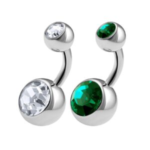 2pcs 316l surgical steel short belly button rings studs 14 gauge 1/4 6mm emerald crystal balls navel jewelry 0570