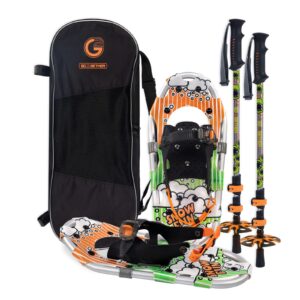 g2 16 inch kids snowshoes set with trekking poles, snow baskets, storage bag, fast ratchet binding design, for child youth boys and girls, green