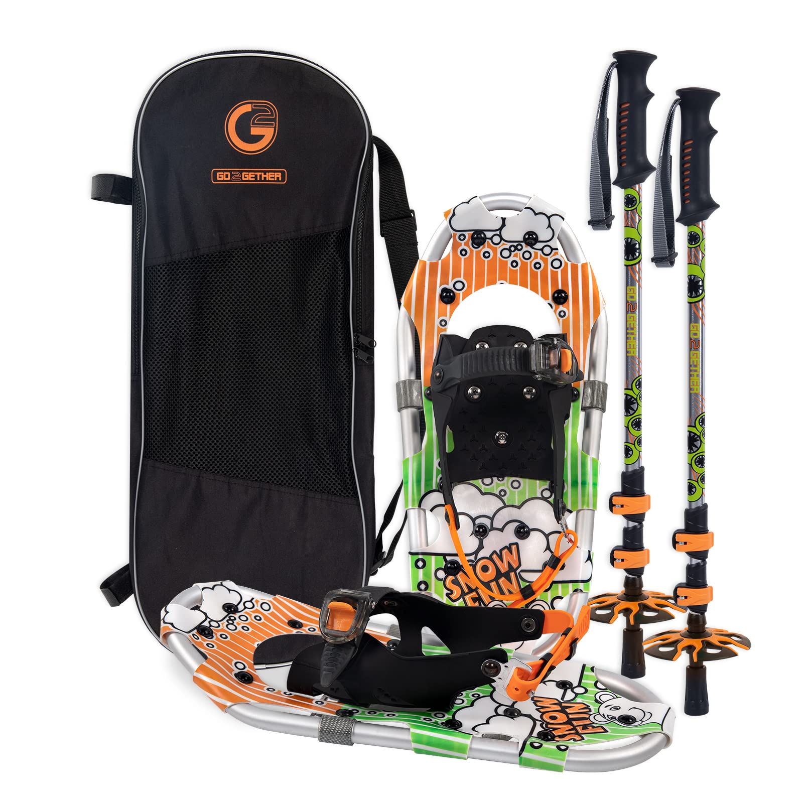 G2 16 Inch Kids Snowshoes Set with Trekking Poles, Snow Baskets, Storage Bag, Fast Ratchet Binding Design, for Child Youth Boys and Girls, Green