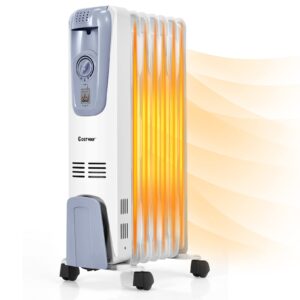 costway oil filled radiator heater, 1500w portable space heater with adjustable thermostat, 3 heat settings, overheat and tip-over protection, electric oil heater for living room bedroom, indoor use