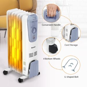 COSTWAY Oil Filled Radiator Heater, 1500W Portable Space Heater with Adjustable Thermostat, 3 Heat Settings, Overheat and Tip-Over Protection, Electric Oil Heater for Living Room Bedroom, Indoor Use