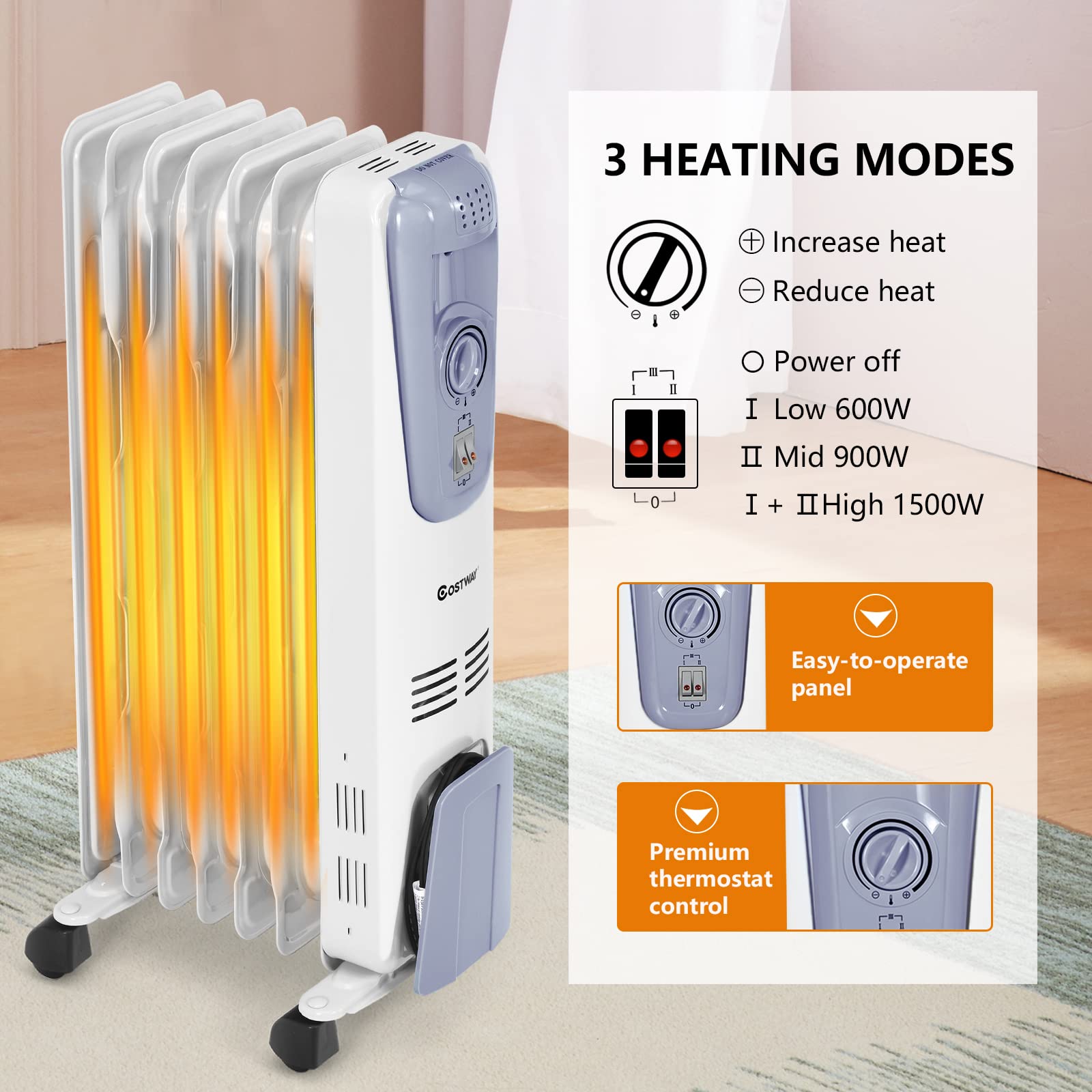 COSTWAY Oil Filled Radiator Heater, 1500W Portable Space Heater with Adjustable Thermostat, 3 Heat Settings, Overheat and Tip-Over Protection, Electric Oil Heater for Living Room Bedroom, Indoor Use