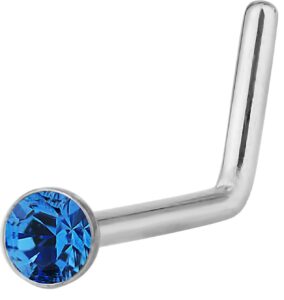 forbidden body jewelry 20g surgical steel 6mm l-shaped nose piercing stud with blue 2.5mm crystal top