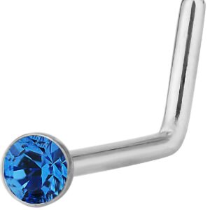 Forbidden Body Jewelry 20G Surgical Steel 6mm L-Shaped Nose Piercing Stud with Blue 2.5mm Crystal Top