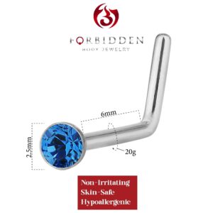 Forbidden Body Jewelry 20G Surgical Steel 6mm L-Shaped Nose Piercing Stud with Blue 2.5mm Crystal Top